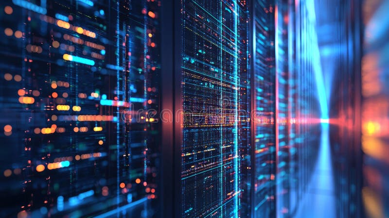 Colorful Data Server Room with Neon Lights and Reflections Stock Photo ...