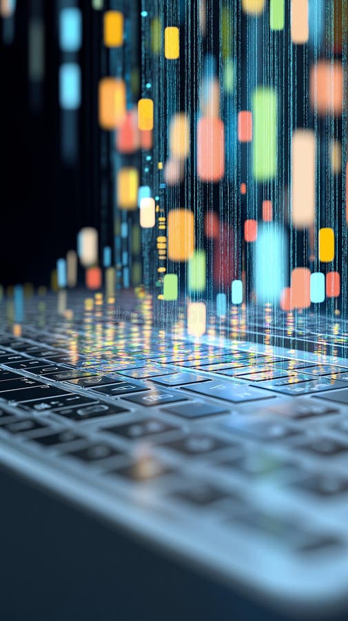 Colorful Data Streams Cascading Over Laptop Keyboard, Visualizing Digital Information Processing ...