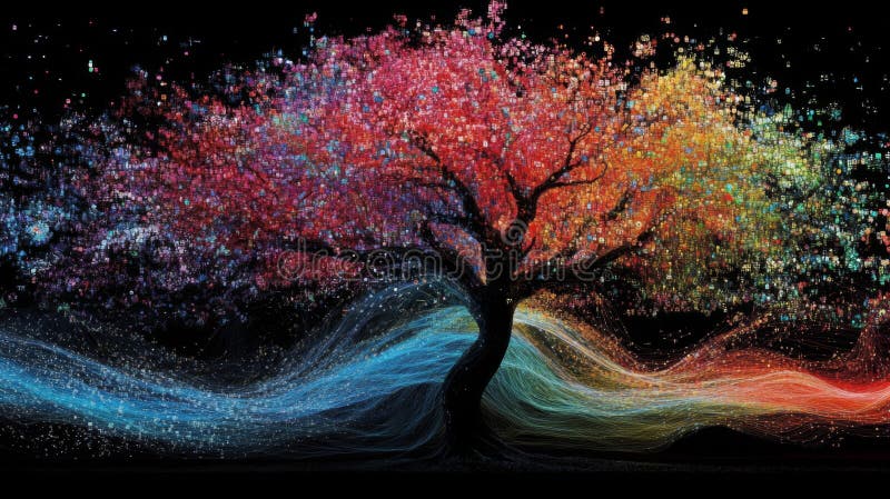 Colorful Data Tree with Flowing Energy Streams Stock Illustration ...