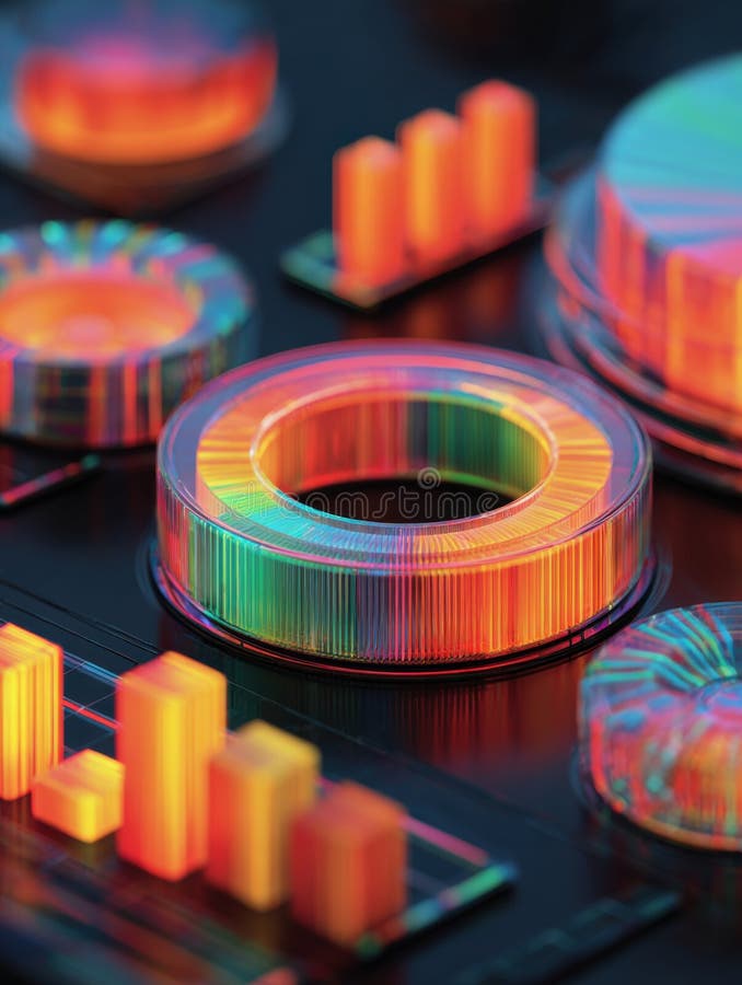 Colorful Data Visualization with Geometric Shapes and Vibrant Graphs Displayed on a Dark ...