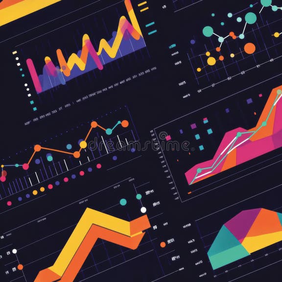 Colorful Data Visualization with Graphs and Charts on Dark Background ...