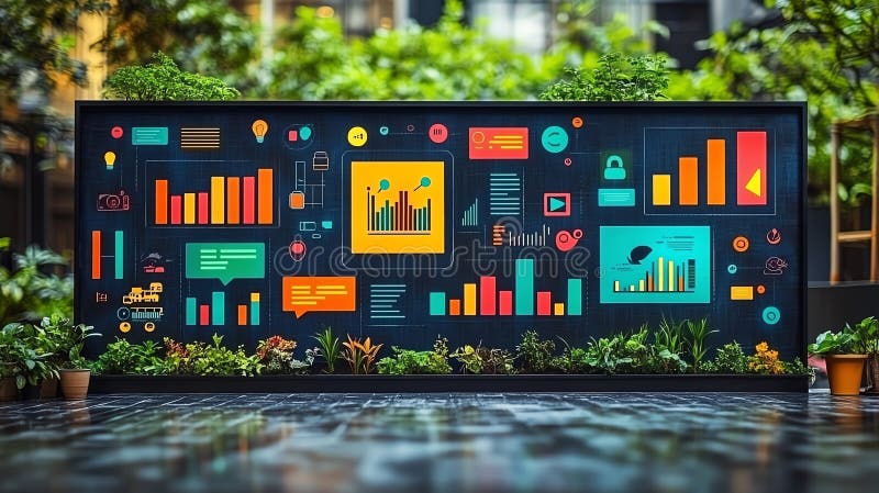 Colorful Data Visualization on an Outdoor Wall with Plants and Modern ...