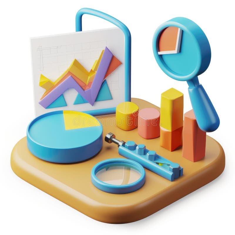 Colorful 3D Render of Business Charts, Graphs, and Magnifying Glasses ...