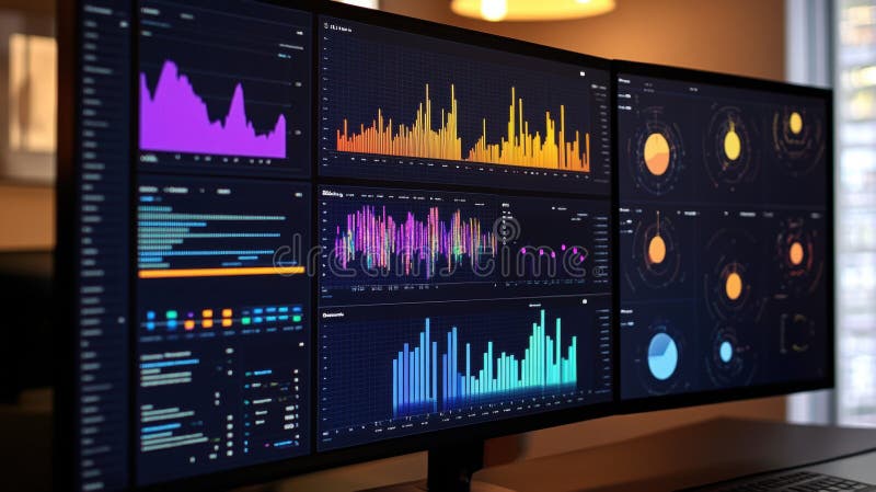 Colorful Data Visualizations Displayed on Multiple Computer Screens ... Colorful Data Visualizations Displayed on Multiple Computer Screens ...