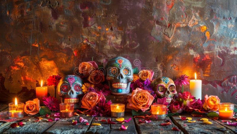 Colorful Day of the Dead Altar with Candlelight and Sugar Skulls Stock ...