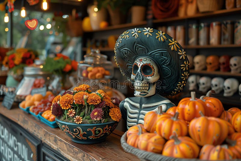 Colorful Day of the Dead Market Display Featuring Marigolds, Pumpkins ...