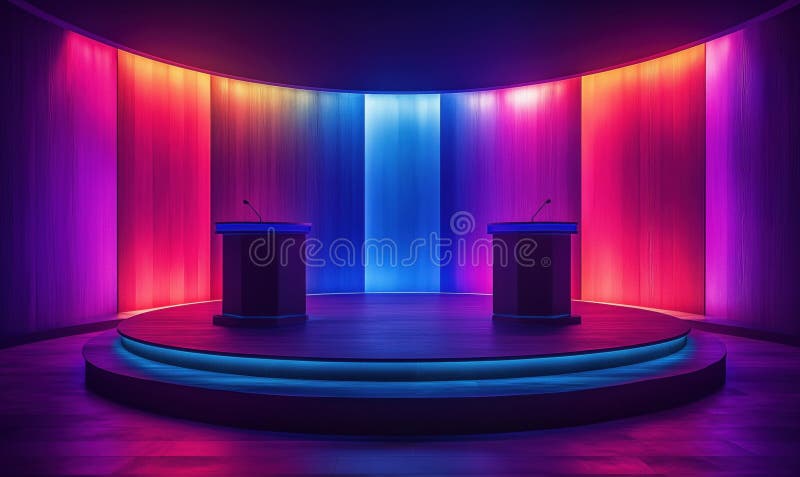 Colorful Debate Stage with Illuminated Backdrop and Podiums for ...