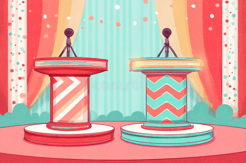 Colorful Debate Stage Setup with Two Podiums Featuring Bold Patterns ...