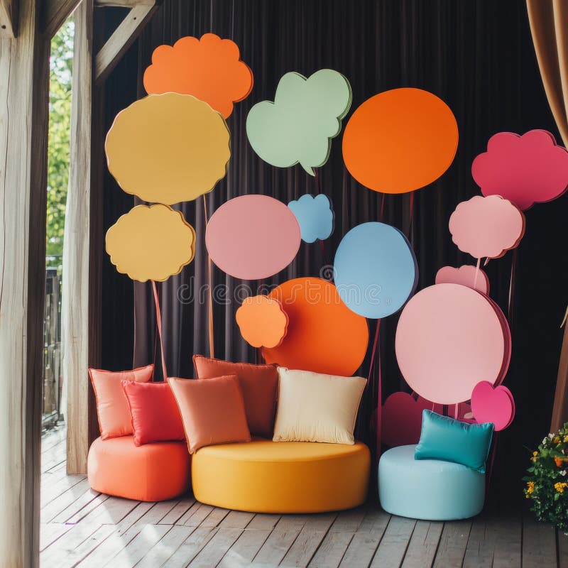 Colorful Decor with Couches and Speech Bubbles Stock Illustration ...