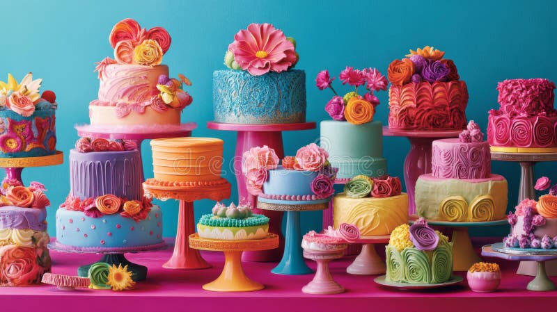 Colorful Decorated Cakes on Display Stock Illustration - Illustration ...