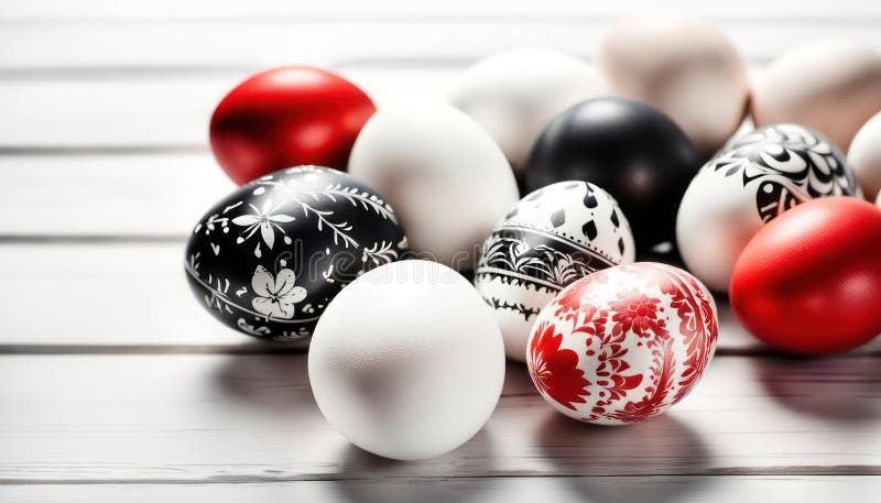 Colorful Easter Eggs in Red White and Black with Copy Space Stock ...