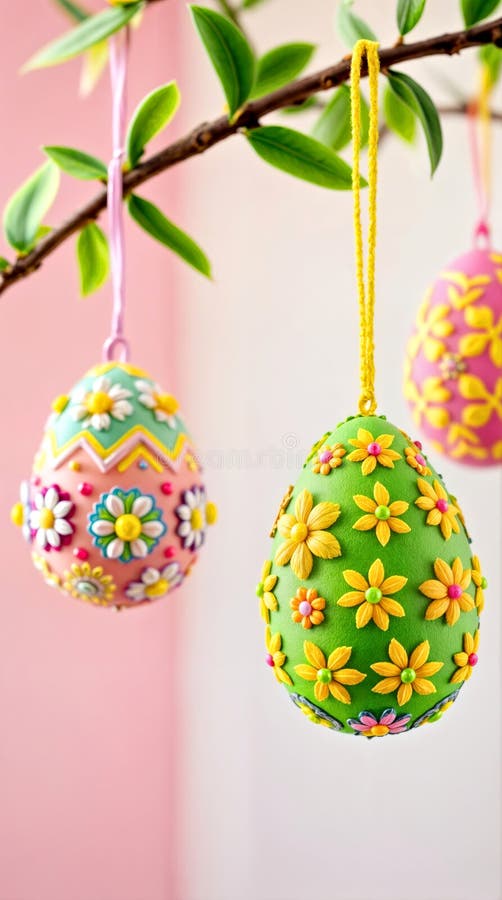 Colorful Decorated Easter Eggs Hanging on Branch with Spring Floral ...