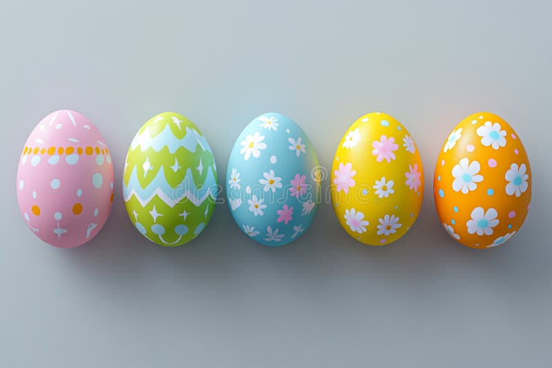 Colorful Decorated Easter Eggs in Row, Featuring Various Patterns and Vibrant Colors, Evoke ...
