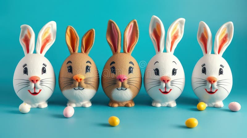 Colorful Decorated Eggs Shaped Like Rabbits are Arranged on a Teal ...