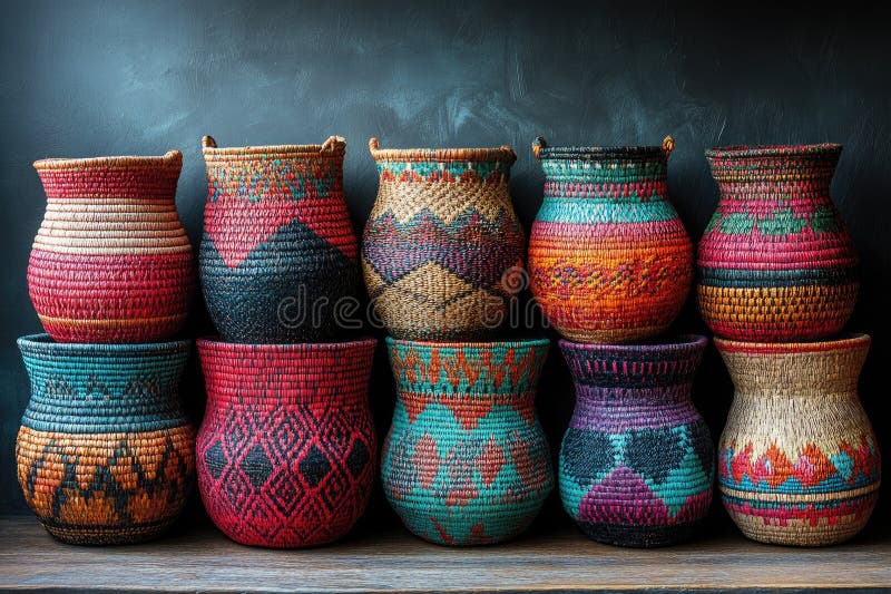 Colorful Decorated Pottery Standing in a Row on a Shelf in a Pottery ...