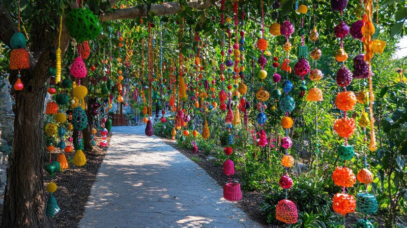 Colorful Decorations Hanging from a Tree Archway in a Garden Path Stock ...