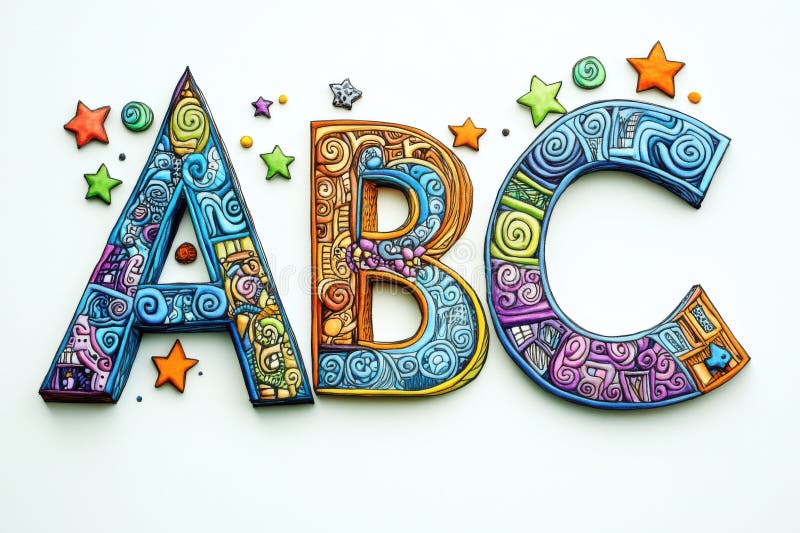 Colorful Decorative Alphabet Design with Joyful Patterns and Stars for ...