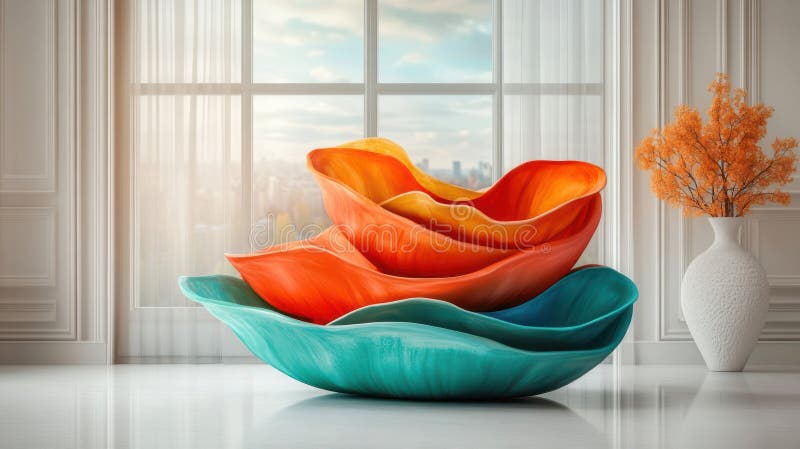 Colorful Decorative Bowls Arranged Artistically in a Bright, Modern ...