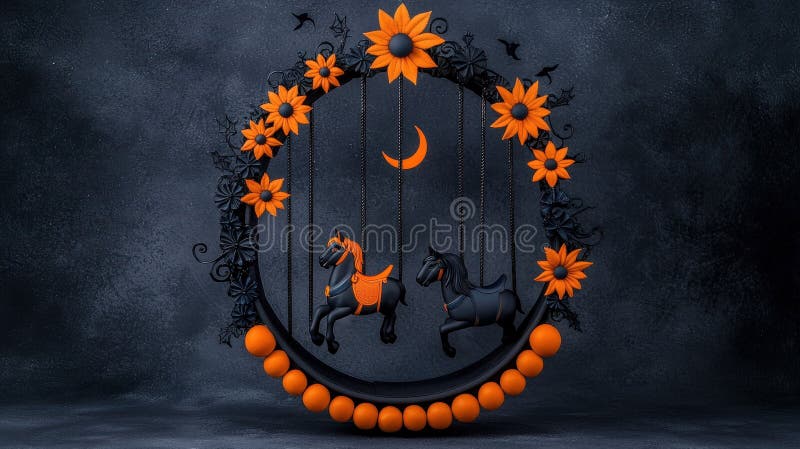 Colorful Decorative Carousel with Horses Flowers and a Crescent Moon ...