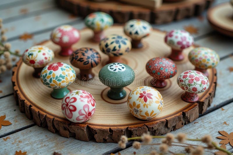 Colorful Decorative Ceramic Knobs on Rustic Wooden Display Stock ...