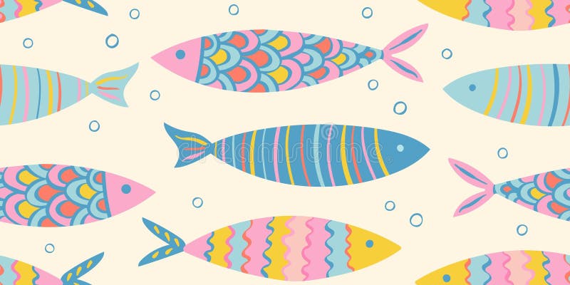 Colorful Decorative Fish and Bubbles Seamless Pattern on Light ...