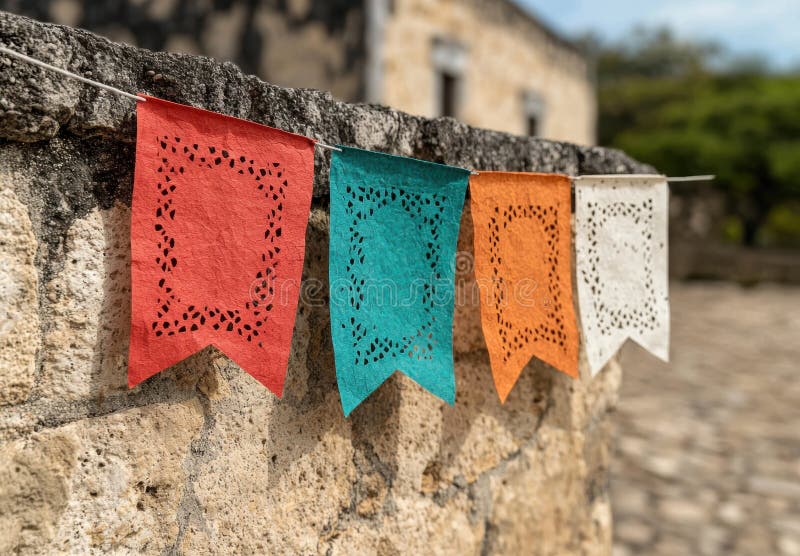 Colorful Decorative Flags Hanging on a Stone Wall Stock Illustration ...