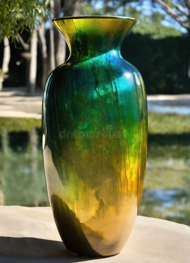 Colorful Decorative Glass Vase with Green and Blue Pattern on the Table ...