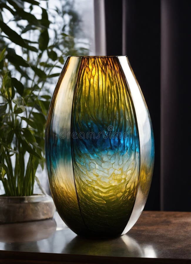 Colorful Decorative Glass Vase with Green and Blue Pattern on the Table ...