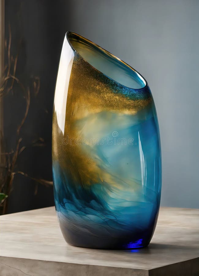 Colorful Decorative Glass Vase with Green and Blue Pattern on the Table ...