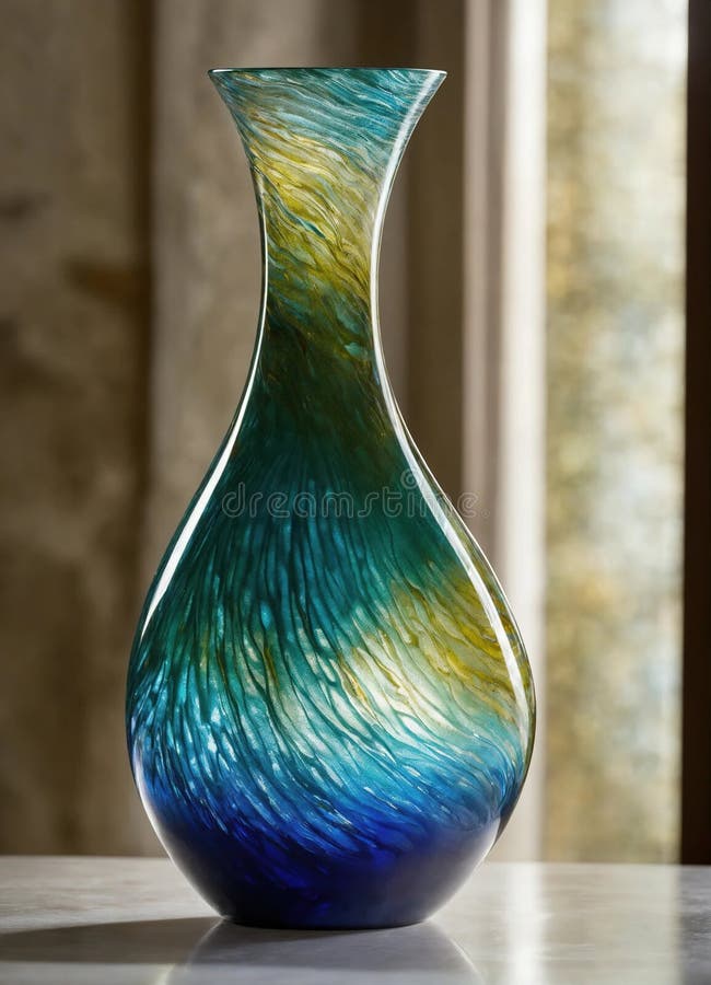 Colorful Decorative Glass Vase with Green and Blue Pattern on the Table ...