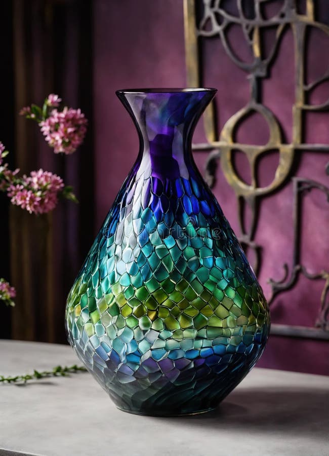 Colorful Decorative Glass Vase with Green and Blue Pattern on the Table ...