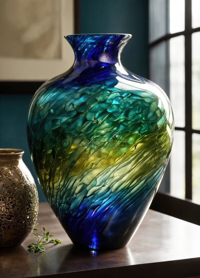 Colorful Decorative Glass Vase with Green and Blue Pattern on the Table ...