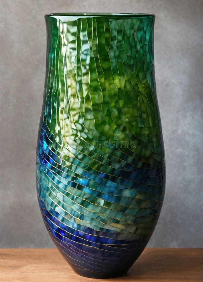 Colorful Decorative Glass Vase with Green and Blue Pattern on the Table ...