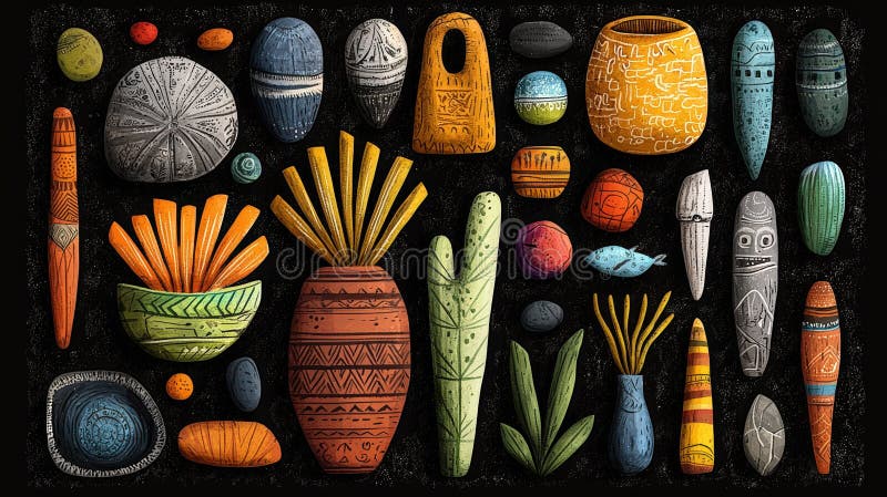 Colorful Decorative Objects on Black Background Stock Illustration ...