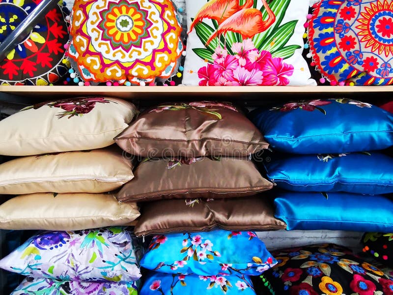 Colorful Decorative Pillows on Shelves Stock Photo - Image of pillows ...