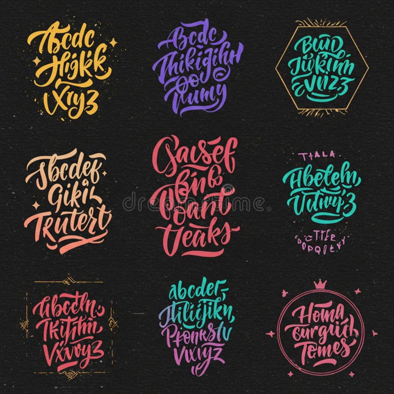 Colorful, Decorative Script Alphabets Arranged in a 3x3 Grid on a Black ...