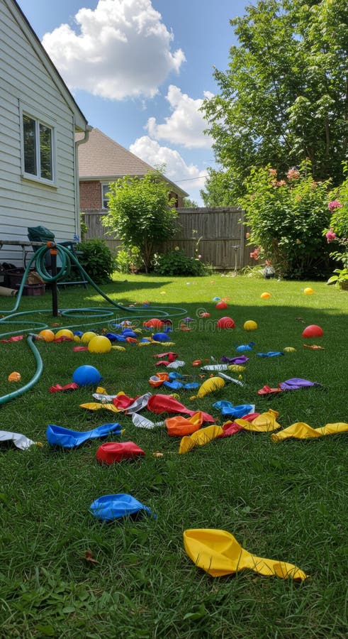 Colorful Deflated Balloons Scattered on Green Grass Stock Illustration ...