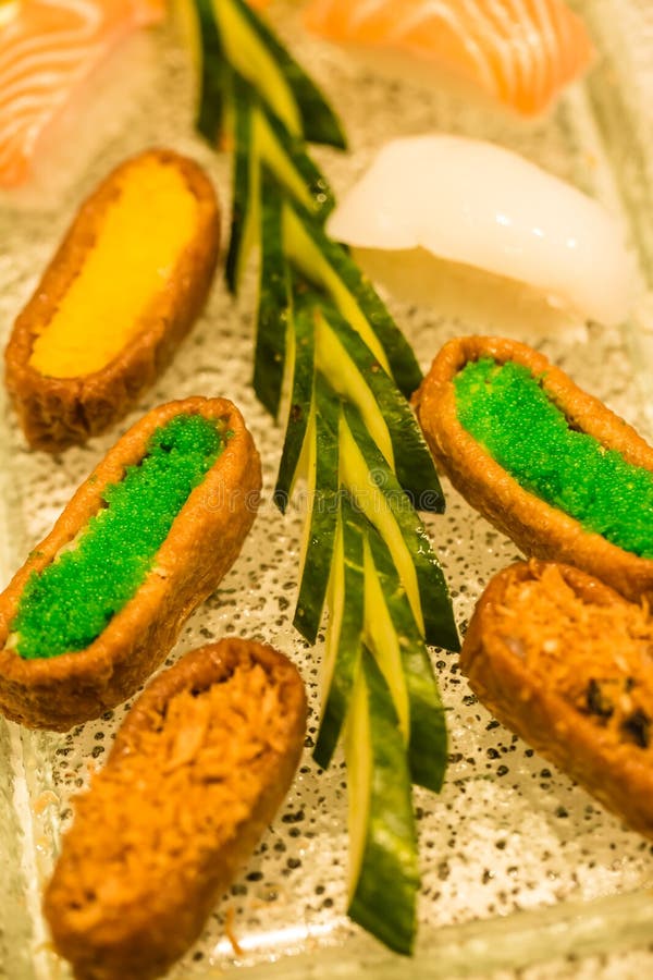 Colorful Delicious Japanese Sushi Set Display on Table Stock Image ...