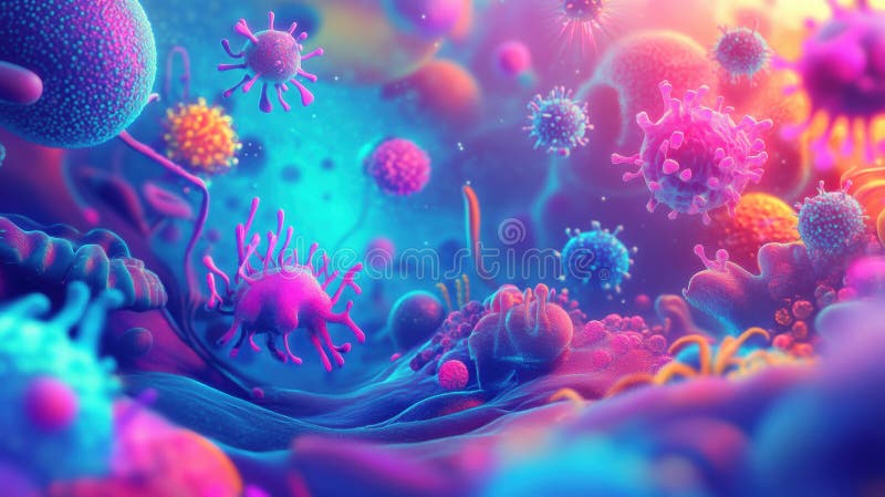 Vibrant Illustration of Diverse Microscopic Microbes Showcasing Unique ...