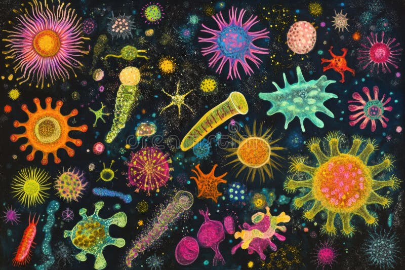 Colorful Depiction of Various Bacteria and Microbes on a Dark ...