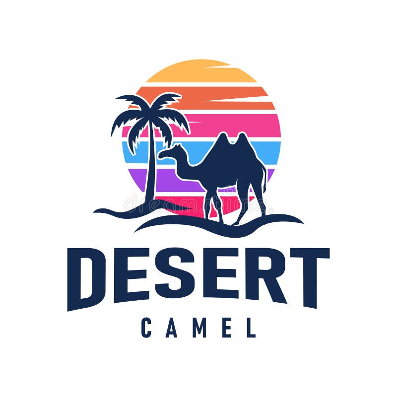 Colorful Desert Camel Logo at Sunset with Palm Tree Silhouette Vector ...