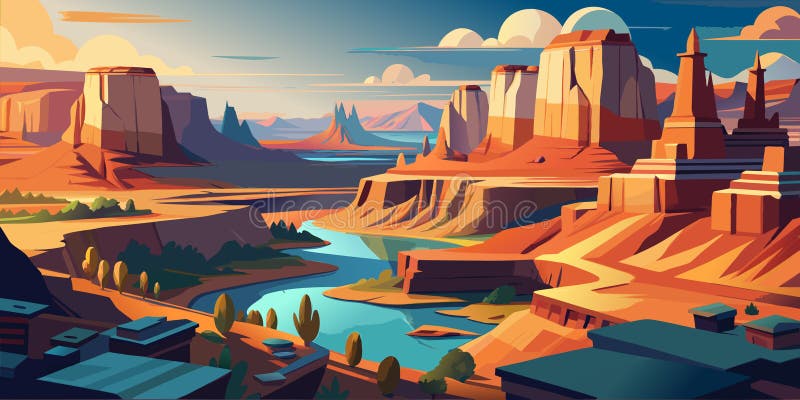 Colorful Desert Landscape with River and Mountains Stock Vector ...