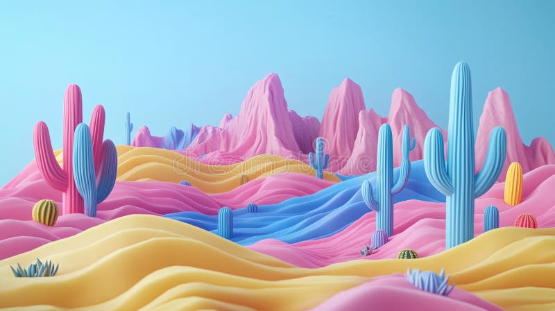 Colorful Desert Landscape with Stylized Cacti and Rolling Hills Stock ...