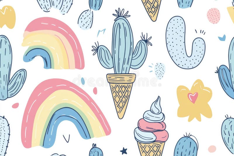 Colorful Desert Scene Featuring Cacti, Ice Cream, and Rainbows Stock ...