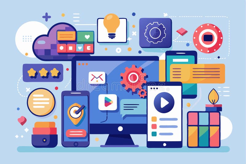 Colorful Design Elements for Apps Displayed on Screens, Illustrating ...