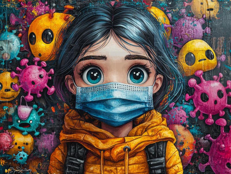 Colorful Design Features Protective Face Mask on Character Surrounded ...