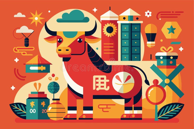 A Colorful Design Featuring a Disproportionate Ox Surrounded by Festive ...