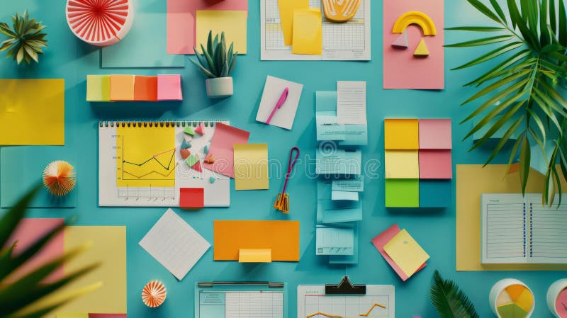 Colorful Desk Setup with Charts, Graphs, and Sticky Notes. Ideal for ...