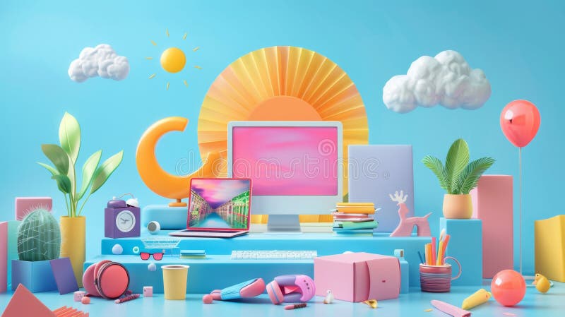 Colorful Desk Setup with Computer and Creative Decor Stock Image ...