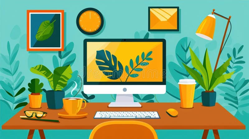 Colorful Desk Setup with Computer, Plants, Artwork, and Coffee ...